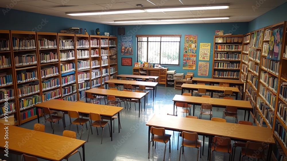 10. Aerial view of a well-organized classroom with rows of desks ...