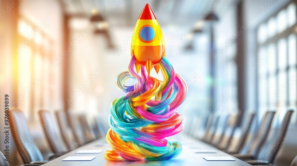 Rocket made of colorful swirling ideas, launching from a business ...