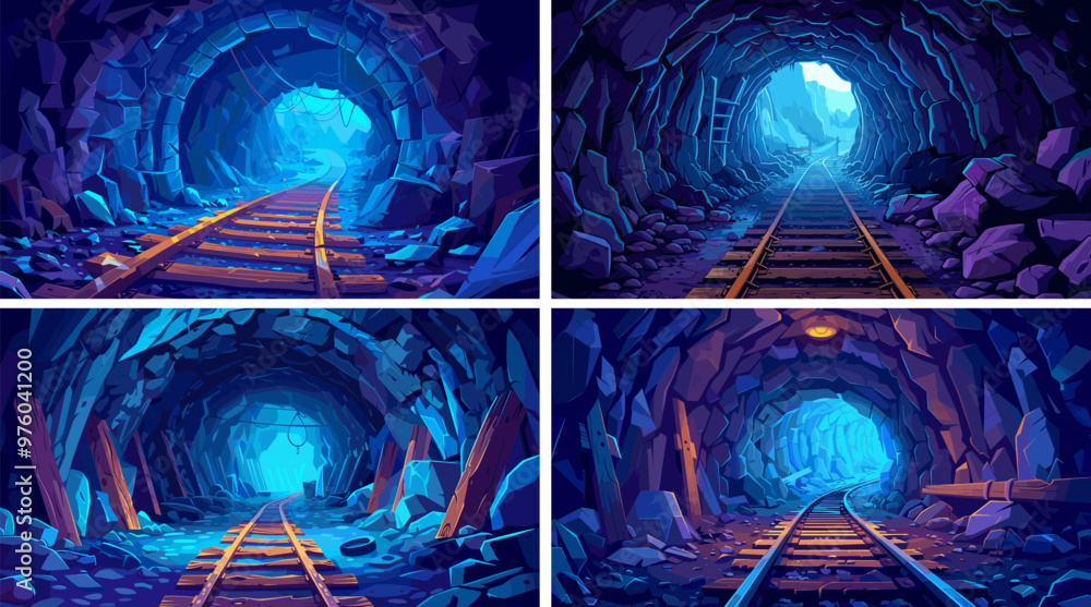 Underground tunnel cartoon vector scenes. Granite boulders shaft wooden ...
