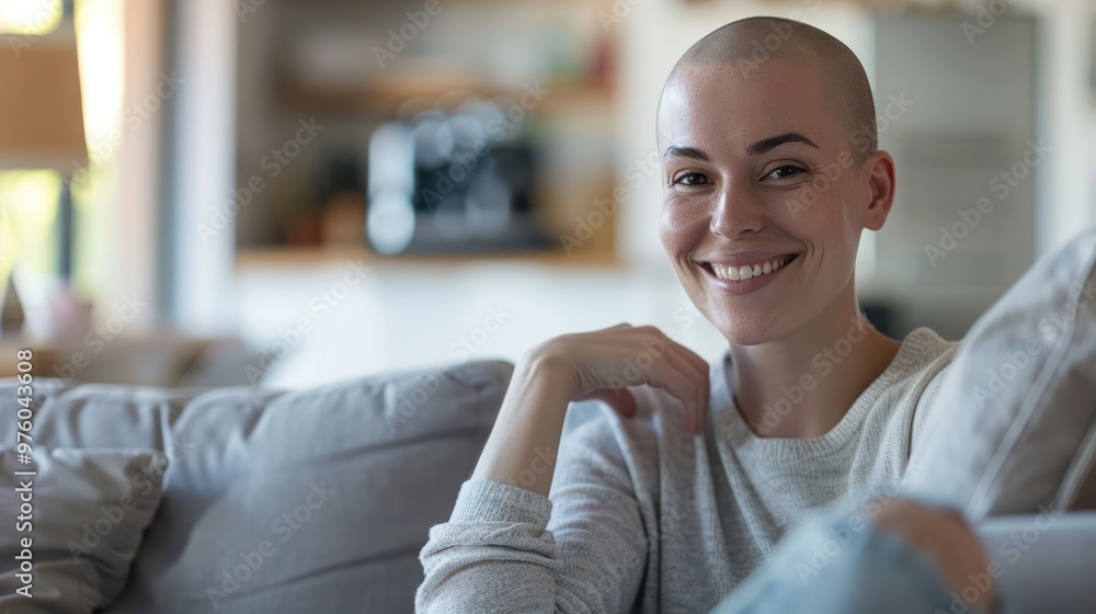 Happy bald woman breast cancer patient survivor sitting on couch at ...