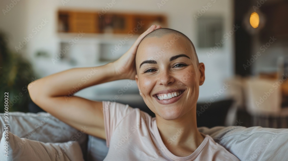 Happy bald woman breast cancer patient survivor sitting on couch at ...