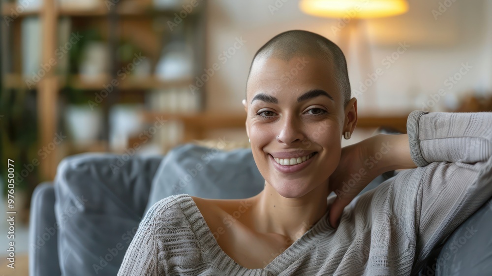 Happy bald woman breast cancer patient survivor sitting on couch at ...
