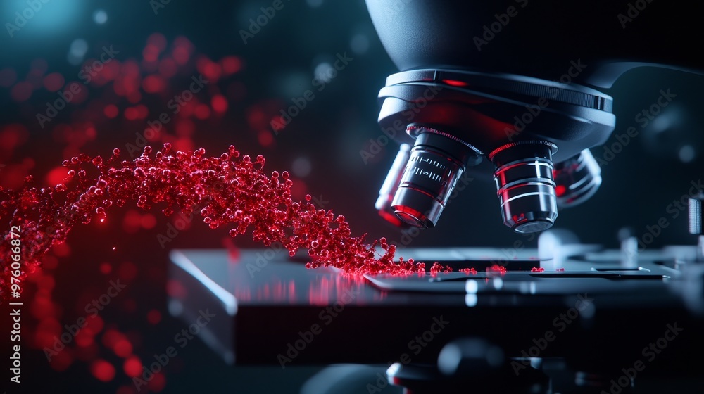 A close-up of a microscope lens examining a stream of red blood cells ...