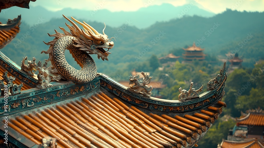 Mythical Dragon Sculpture Atop Traditional Asian Temple Roof with ...
