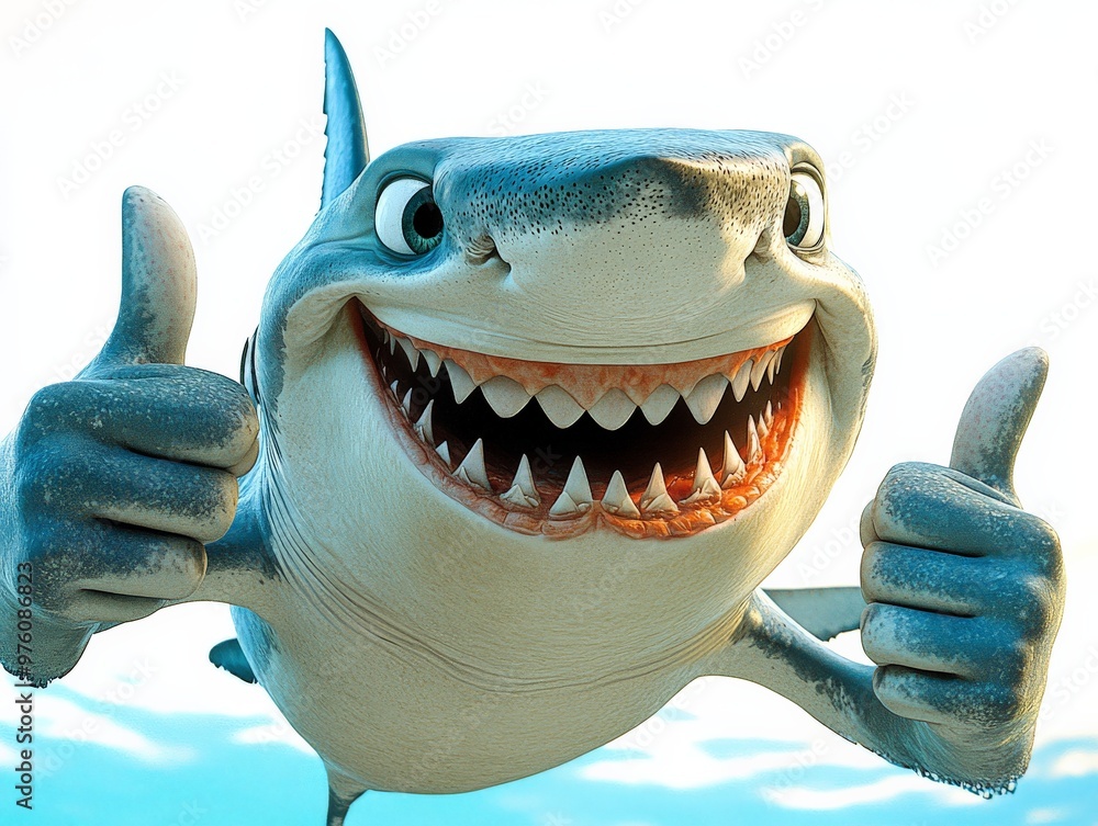 The image features an animated friendly shark character smiling broadly ...