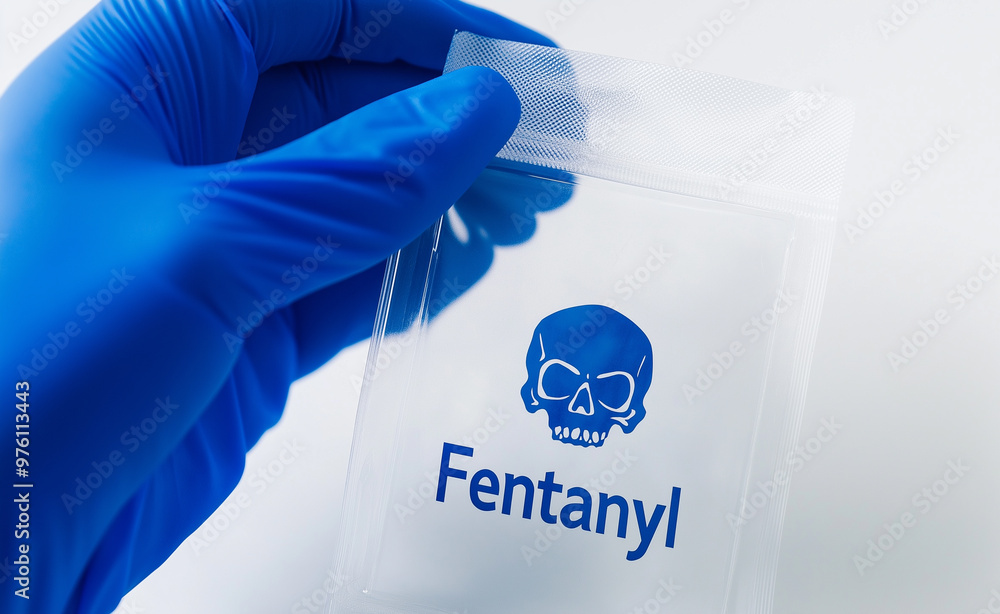 A gloved hand holding a fentanyl packet with a skull symbol ...