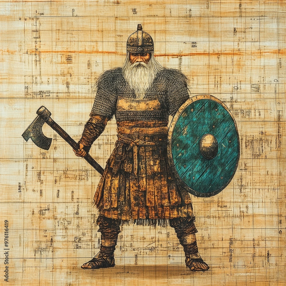 Viking warrior in T-Pose, papyrus art, Goryeo blueprint mapping. Stock ...