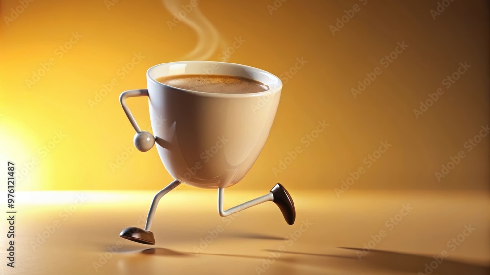 Virtual coffee cup with cartoon legs running out, representing the ...