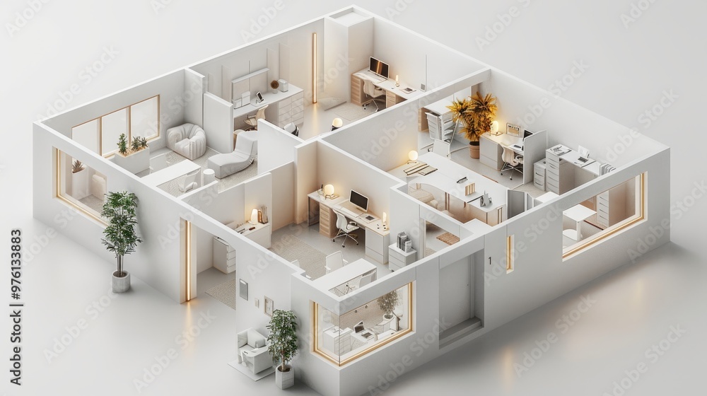 3D isometric view of neatly arranged office cubicles. Top view of white ...