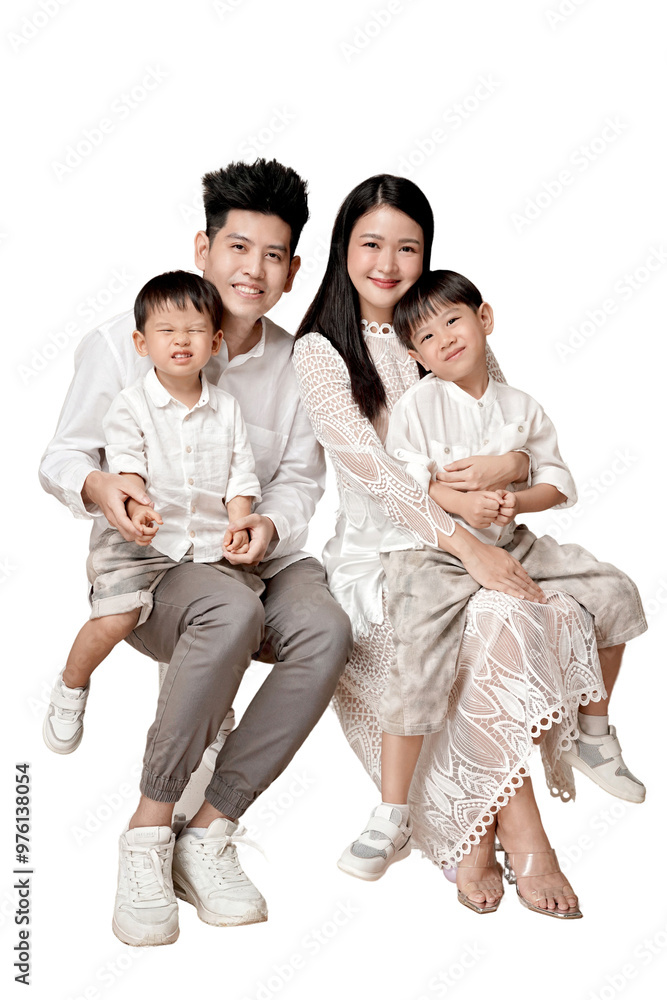 Happy Asian family portrait with parents and two children sitting ...