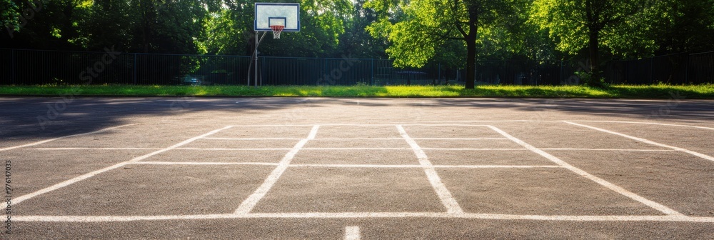 An empty outdoor basketball court surrounded by lush greenery ...