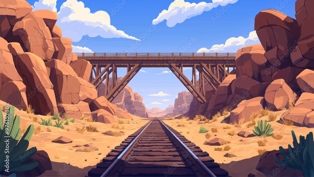 Railroad Bridge Between Cliffs In Desert Cartoon Illustration For ...