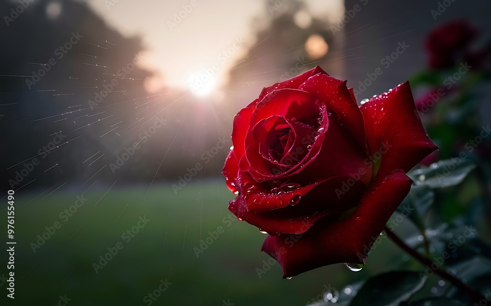 Generative-AI, Red Rose in a Garden with Dew Drops on the Petals for ...