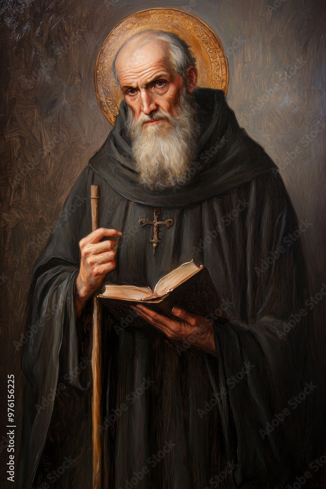 Saint Benedict Of Nursia Is Depicted In A Traditional Oil Painting Saint Benedict Of Nursia Is Depicted In A Traditional Oil Painting