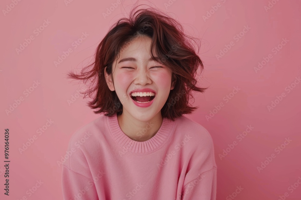 Beautiful korean woman face gleefully expressing joy and surprise ...