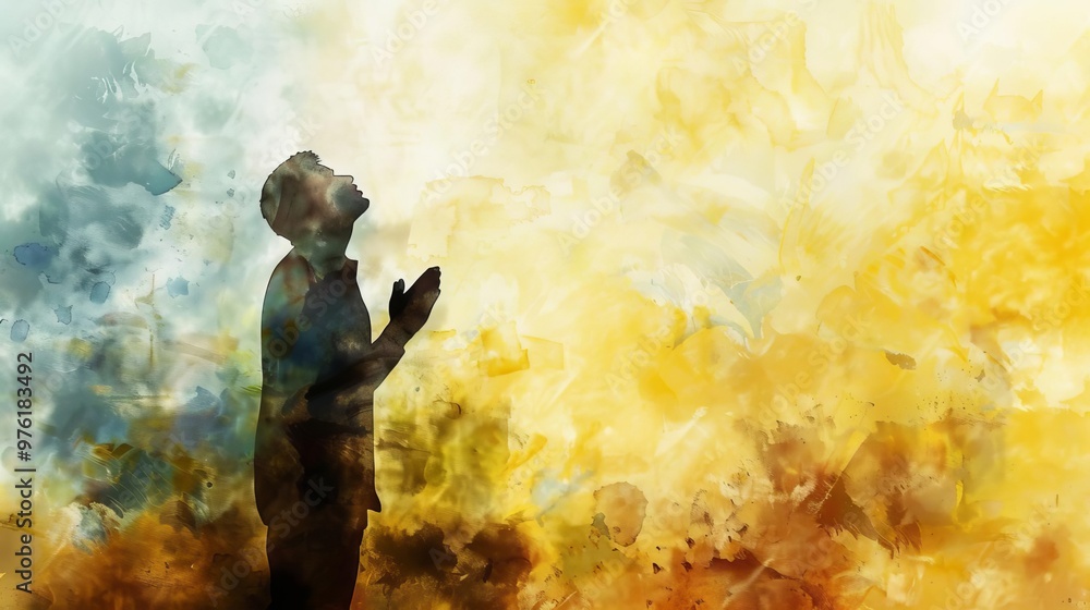 worship and devotion man praying with fervor on watercolor background ...