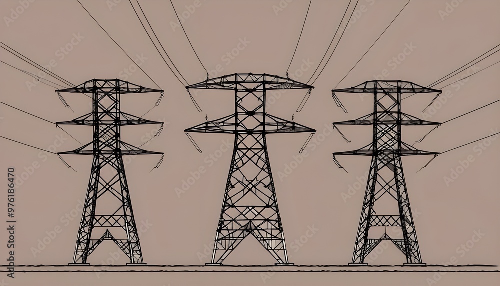High-voltage power lines, triangular lattice electricity pylons with ...