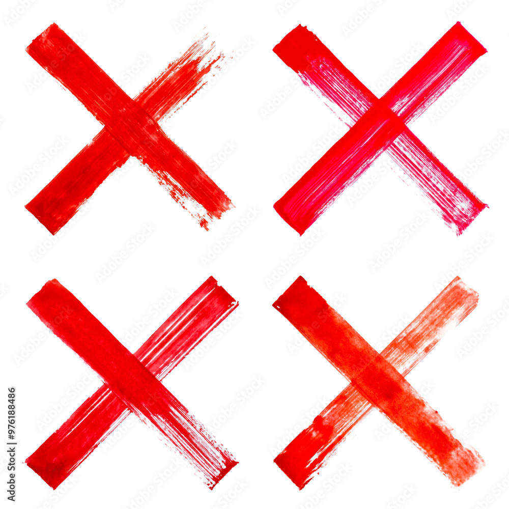 Bold red hand painted X or cross mark with textured brush strokes water ...