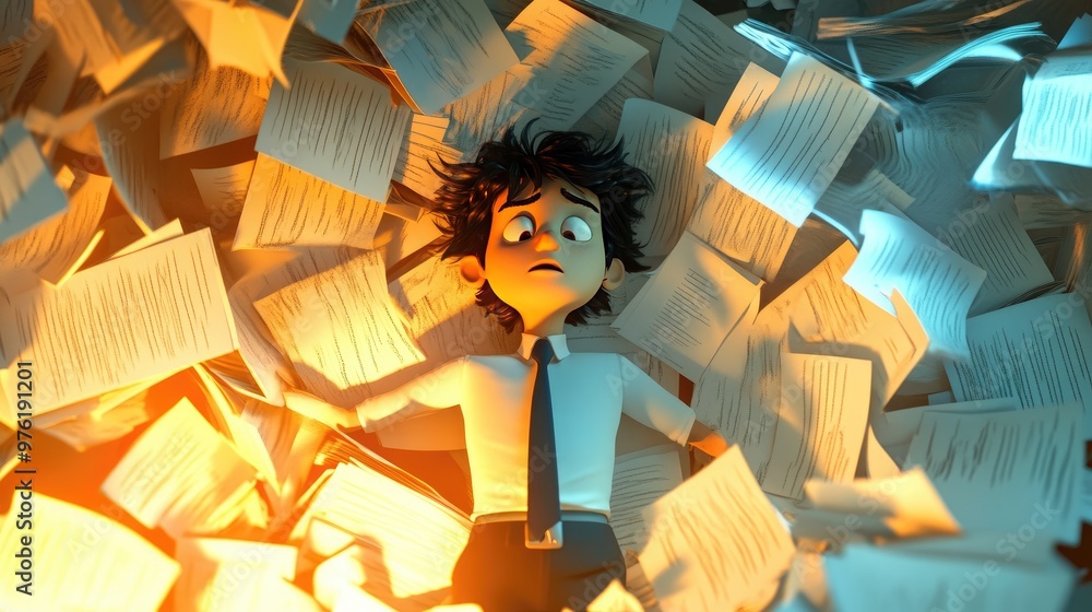 Overworked 3D cartoon employee in a sea of paperwork, viewed from above ...