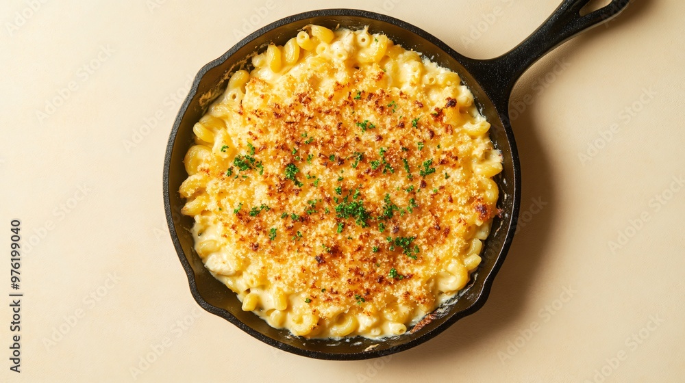 Crab mac and cheese in a cast-iron skillet, isolated on a light tan ...