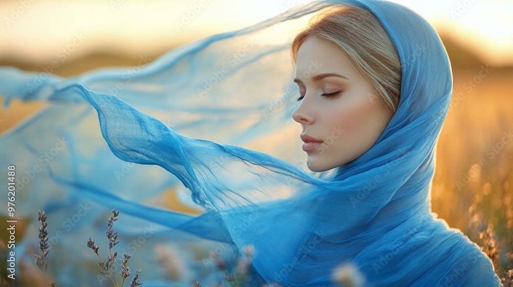 the Young woman practicing yoga meditation with symbols of seven ...