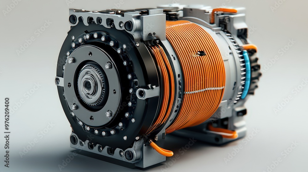 Compact electric motor with visible wiring and mounting brackets set ...