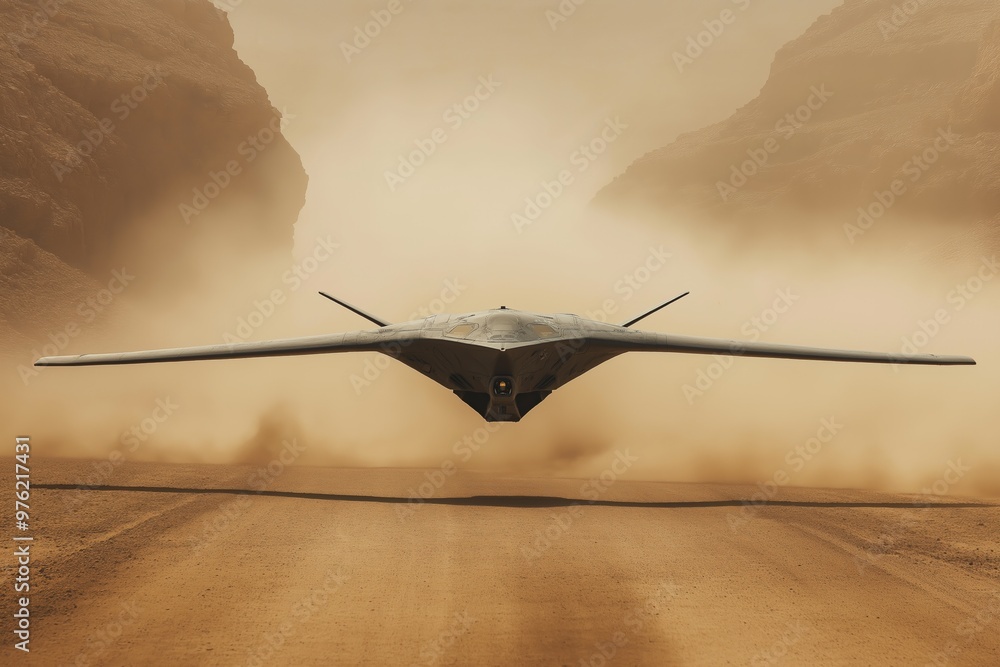 Advanced military drone in desert landscape, high-tech unmanned aerial ...