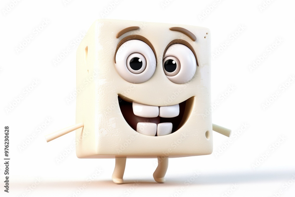 Tofu block character with a big smile and wide eyes, cheerful and ...
