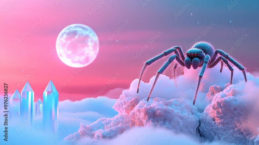 A giant, metallic spider, its legs formed from swirling nebulae ...