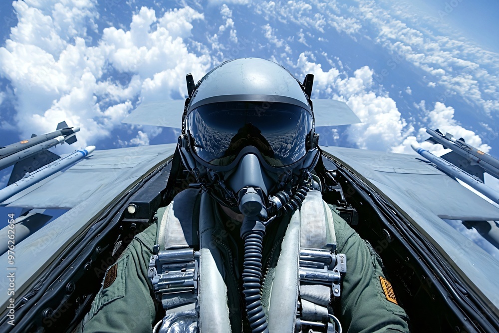 Fighter pilot is flying at high altitude wearing a flight suit, helmet ...