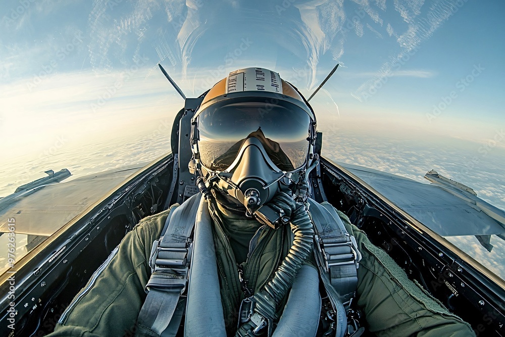 Fighter pilot soars high above fluffy clouds in a powerful jet ...