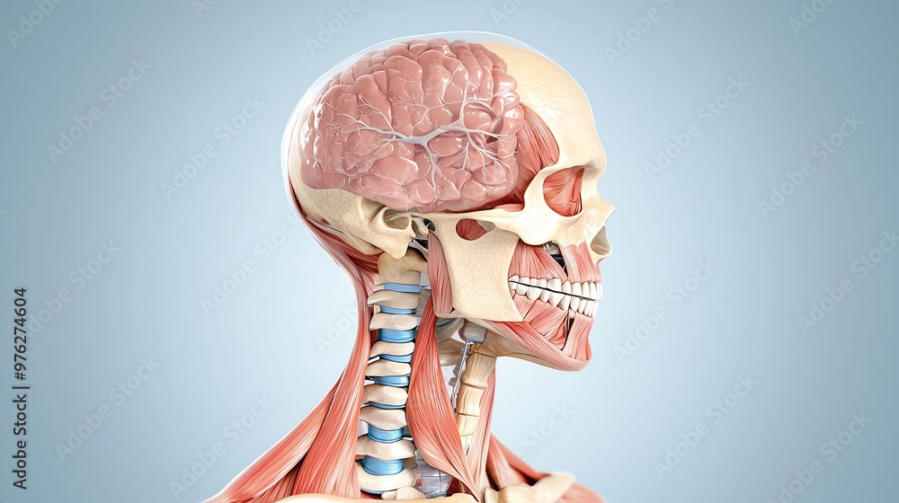 Medical illustration of human head anatomy showing muscles, skull, and brain, side view ...