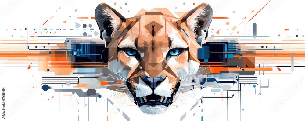 Stylized geometric illustration of an angry cougar in abstract digital ...