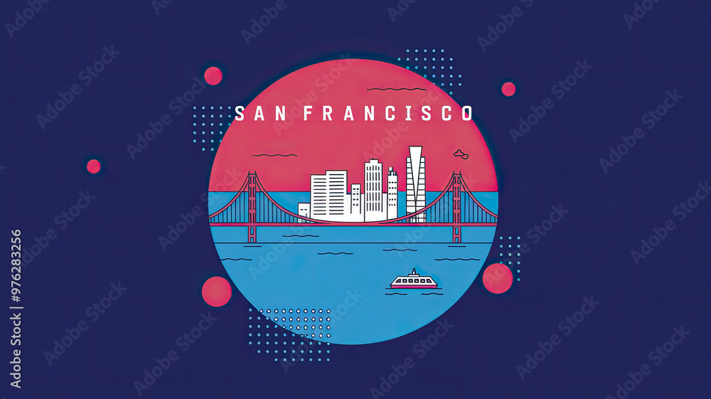 a modern-style graphic design of san francisco with a red, white, and ...