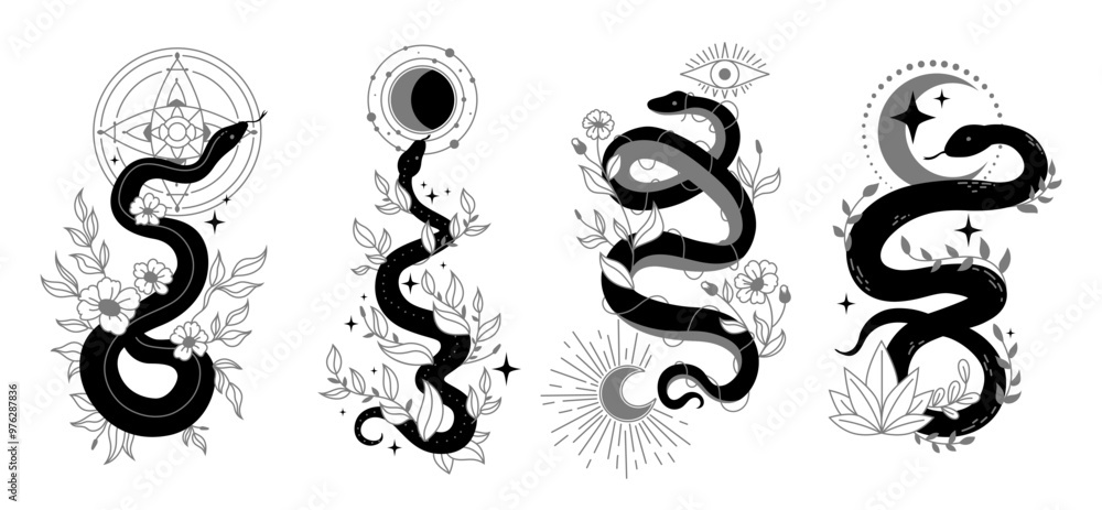 Mystical snakes. Snake black logo esoteric occult symbols, serpent and ...