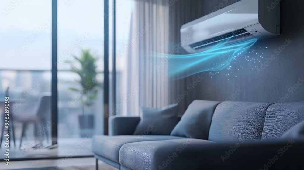 air conditioning system visualized with cool air flow in a modern ...