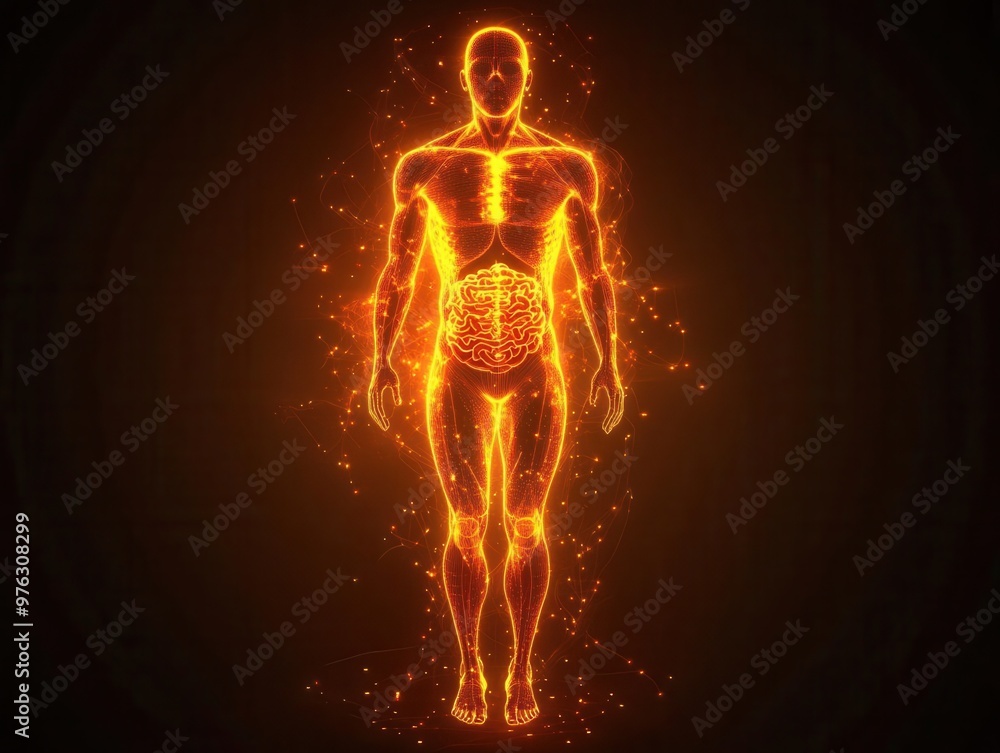 Abstract thermal map of the human body, heat zones glowing red and ...