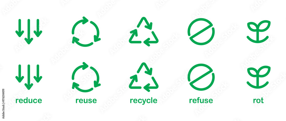 Recycling eco icon set. Green icon of Reduce, reuse, recycle, reject ...
