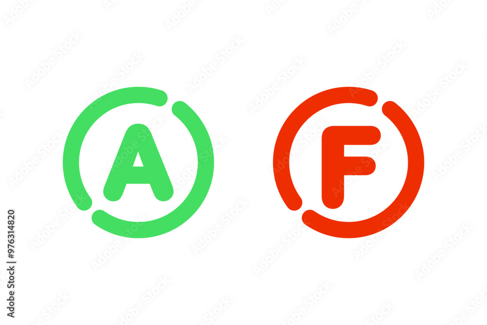 Letter A and F grading mark icon. Success and fail. Evaluation ...