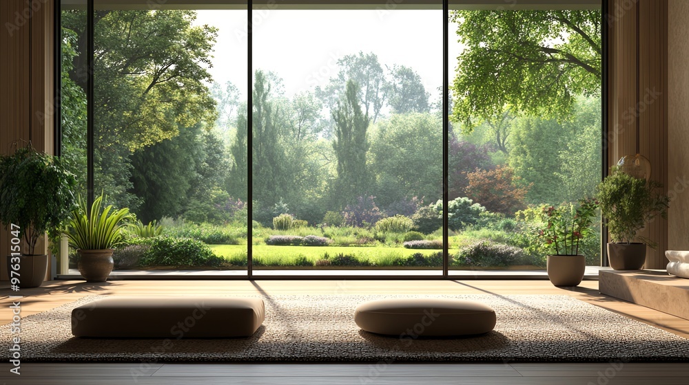 Modern zen room with two cushions and a view of a lush green garden ...