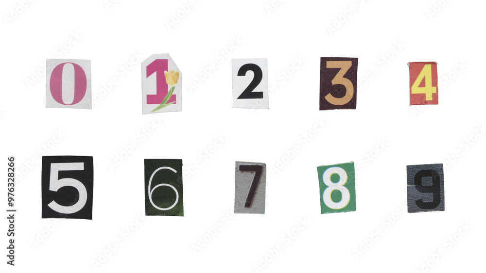 Set of cut-out ransom number from magazines on a transparent background ...