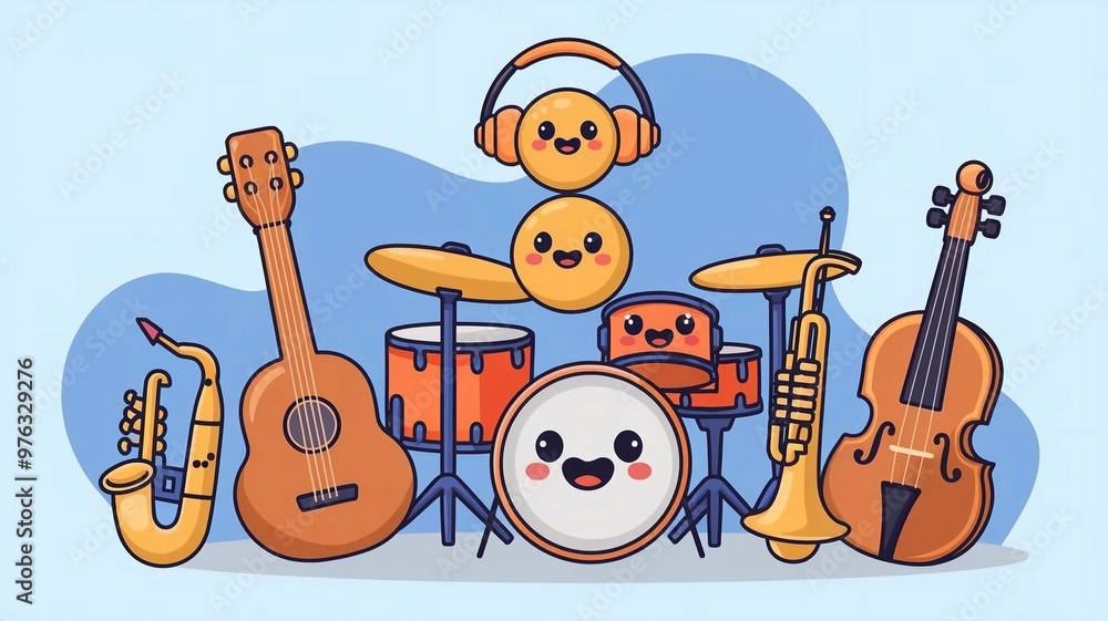 Cute cartoon musical instruments and headphones on white background ...