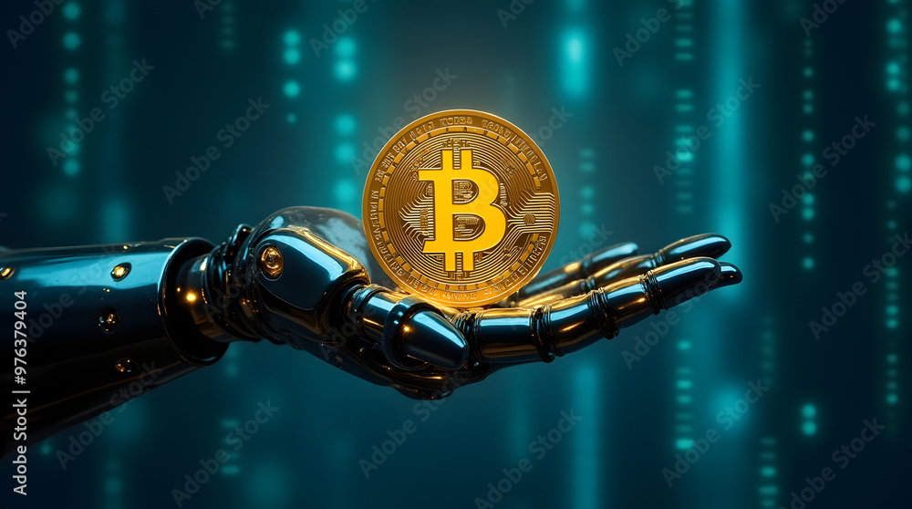 Robot hand holding golden bitcoin coin on background with binary code ...