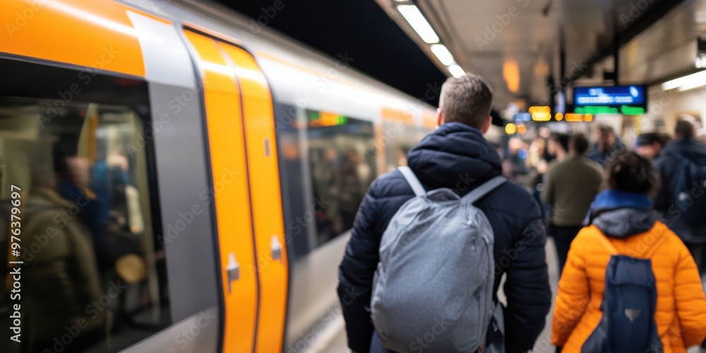 People are seen commuting at a bustling subway station where a train is ...
