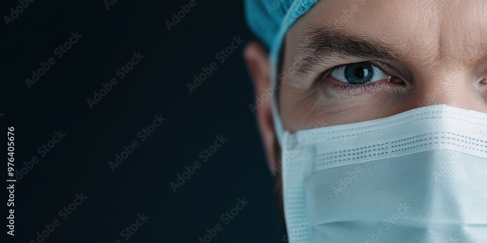 A surgeon dressed in proper operating room attire with a surgical mask ...