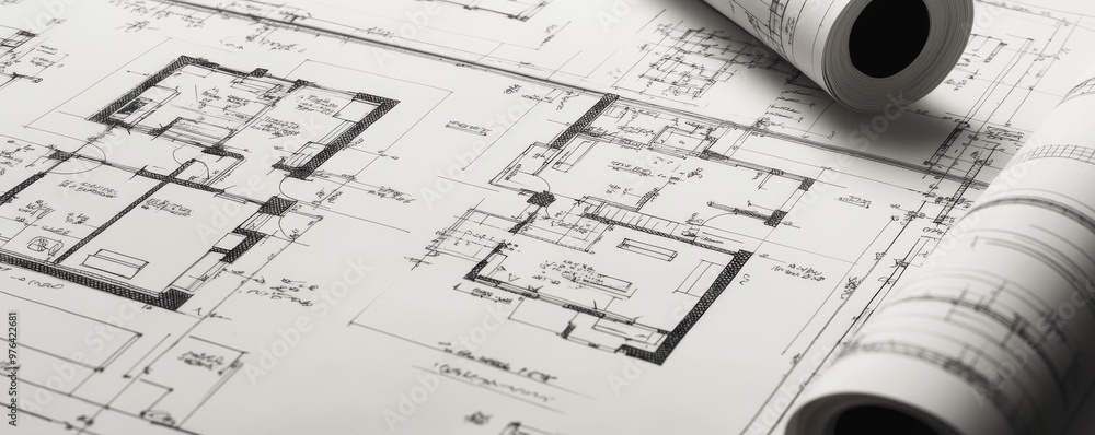 Detailed architectural blueprint rolls showcasing intricate floor plans ... Detailed architectural blueprint rolls showcasing intricate floor plans ...