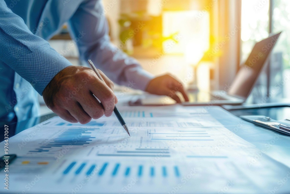 Businessman follow up progress of project work by using weekly gantt ...