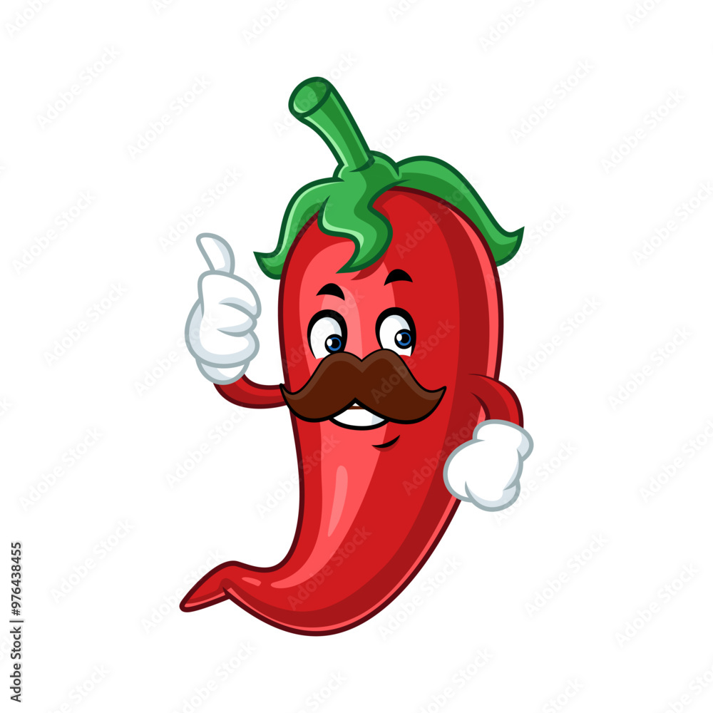 Cartoon chili pepper character with mustache giving thumbs up. Spicy ...
