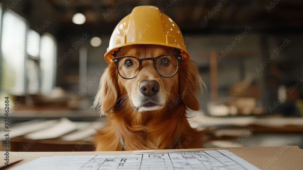 Adorable dog wearing a construction helmet and glasses, sitting in an ...