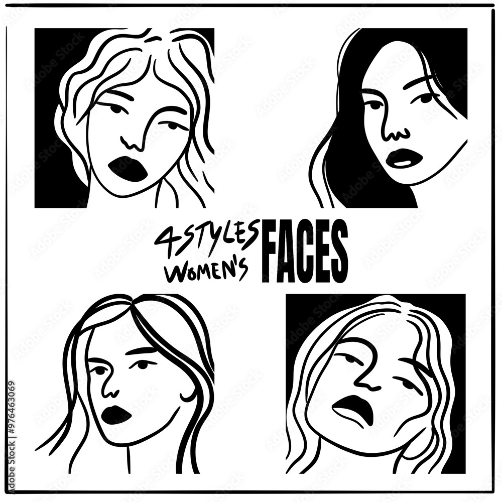 4 styles of women’s faces in different postures, outline art style ...